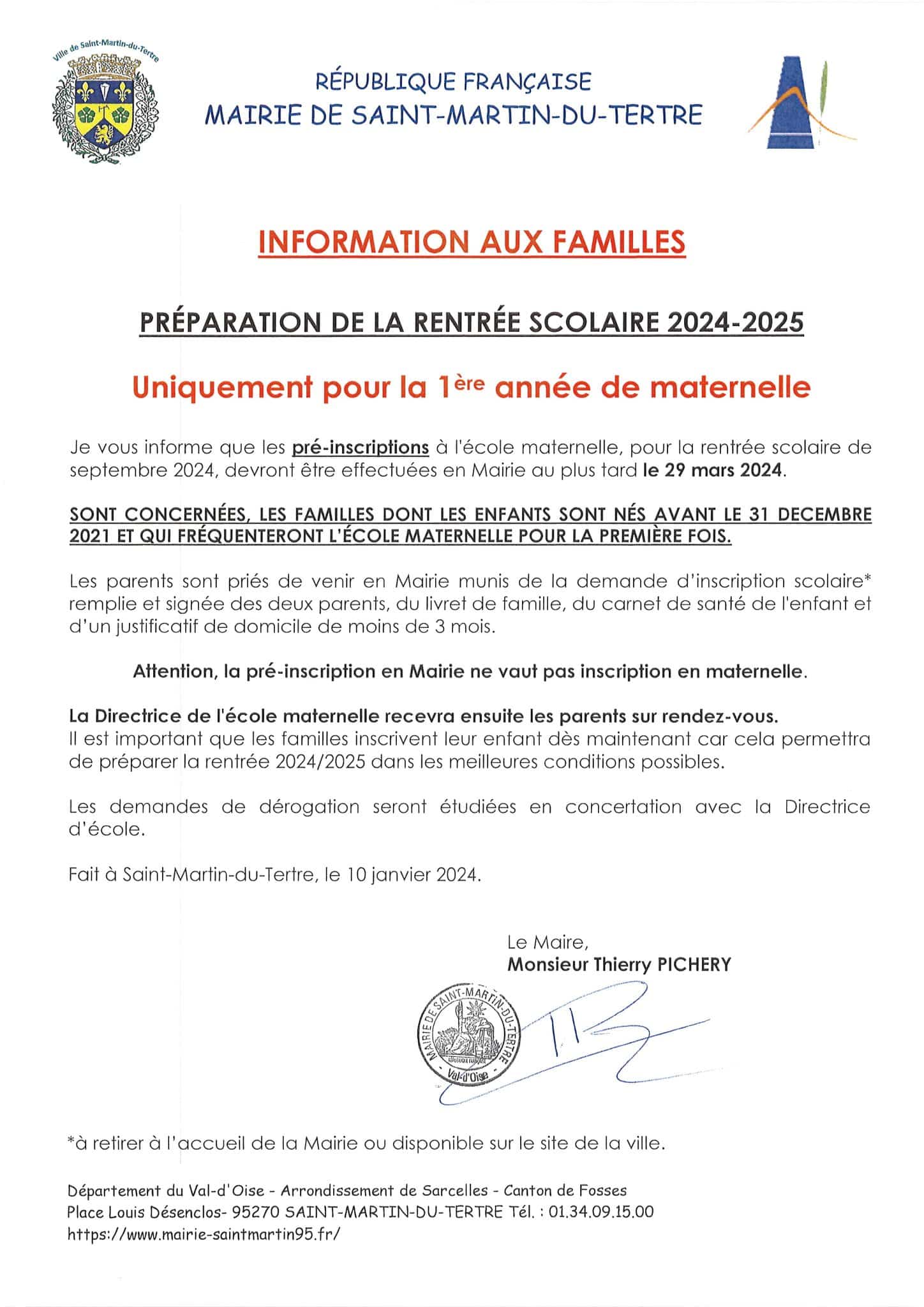 inscriptions rentrée scolaire 2024-2025 - Saint-Martin-du-Tertre