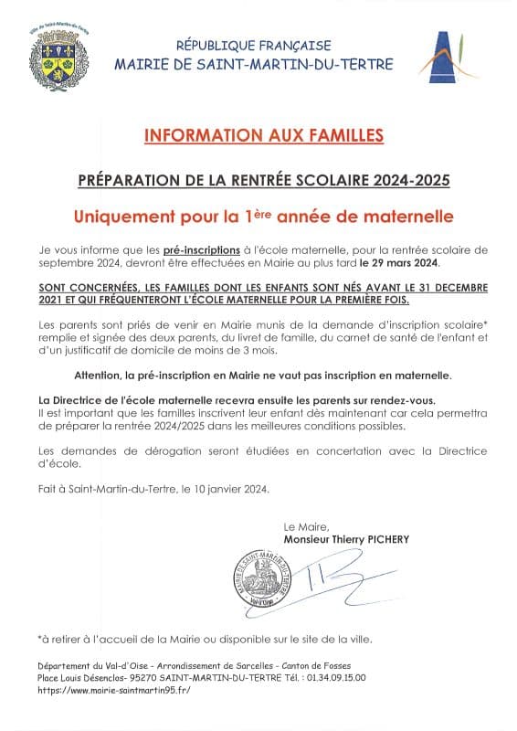 inscriptions rentrée scolaire 2024-2025 - Saint-Martin-du-Tertre